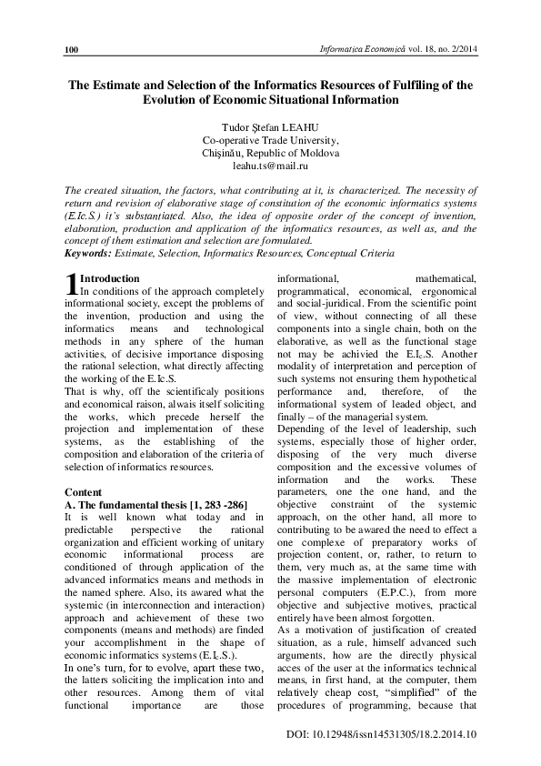 (PDF) The Estimate and Selection of the Informatics Resources of Fulfiling of the Evolution of ...