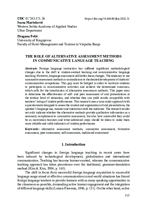(PDF) The Role of Alternative Assessment Methods in Communicative Language Teaching