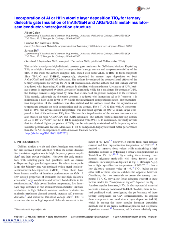 (PDF) Incorporation of Al or Hf in atomic layer deposition TiO2 for ternary dielectric gate ...