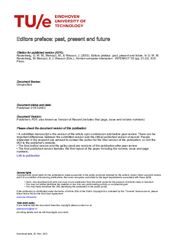 (PDF) Editors preface: past, present and future | Matthias Rauterberg - Academia.edu