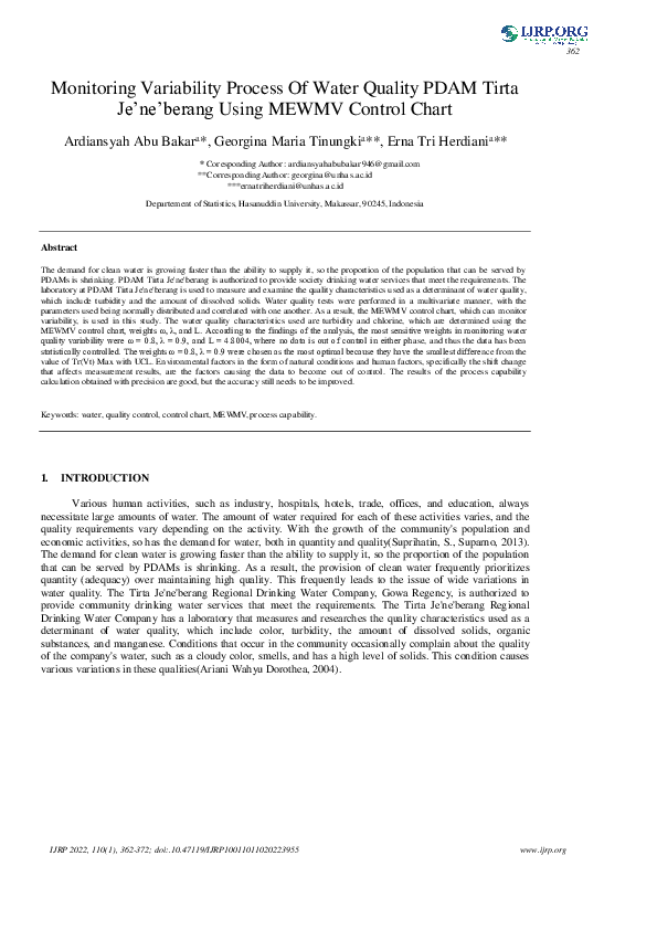 (PDF) Monitoring Variability Process Of Water Quality PDAM Tirta Je’ne’berang Using MEWMV ...