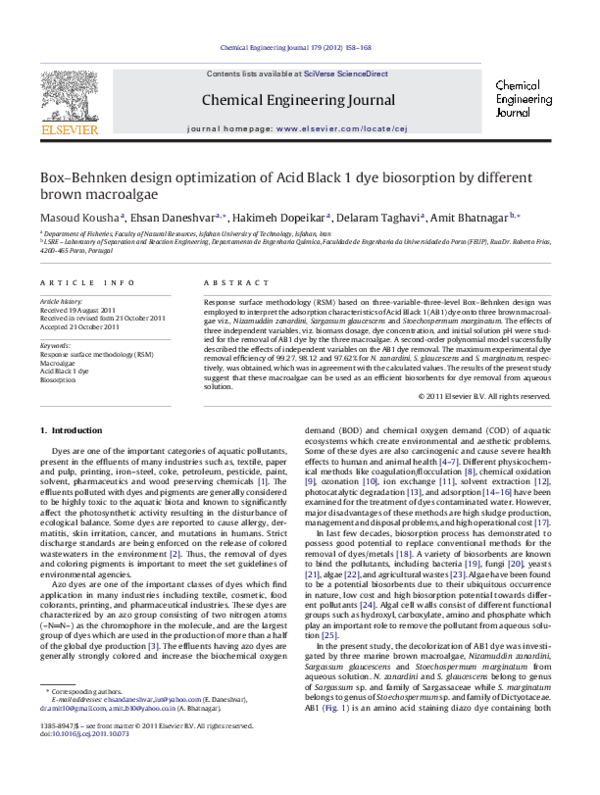 (PDF) Box–Behnken design optimization of Acid Black 1 dye biosorption ...