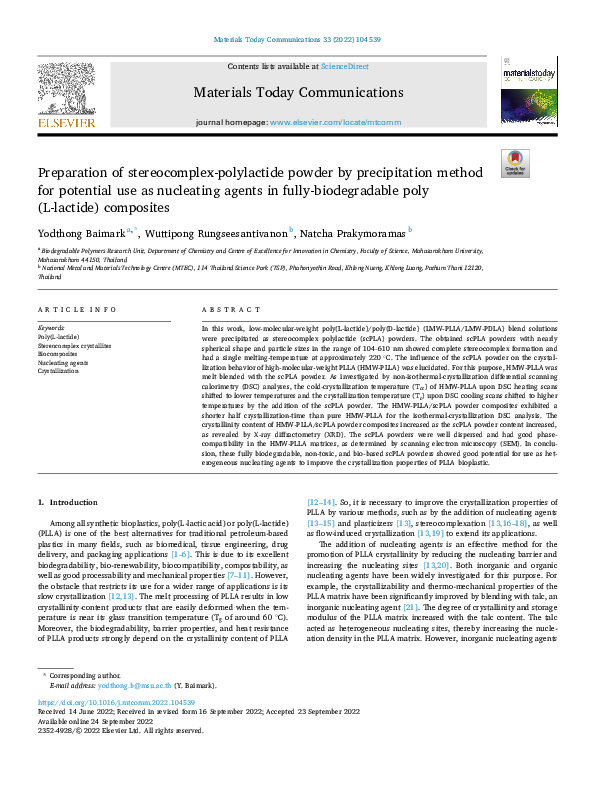 (PDF) Preparation of stereocomplex-polylactide powder by precipitation method for potential use ...