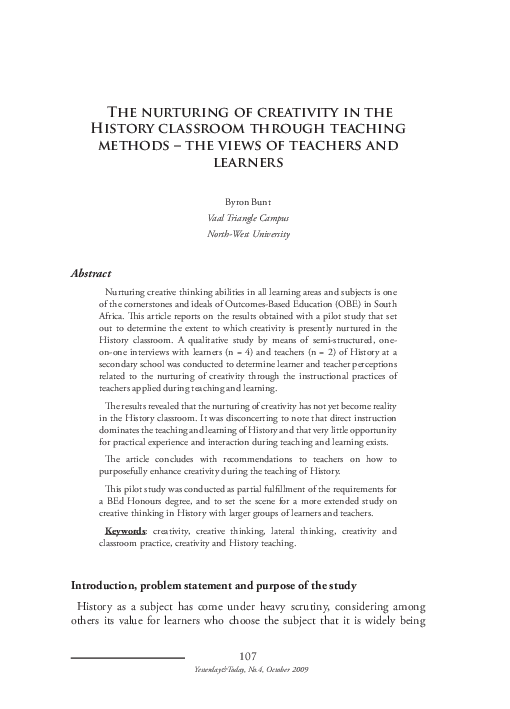 (PDF) The nurturing of creativity in the History classroom through teaching methods - the views ...