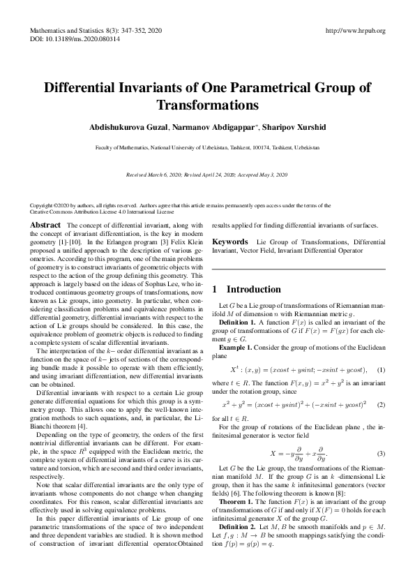 (PDF) Differential Invariants of One Parametrical Group of Transformations