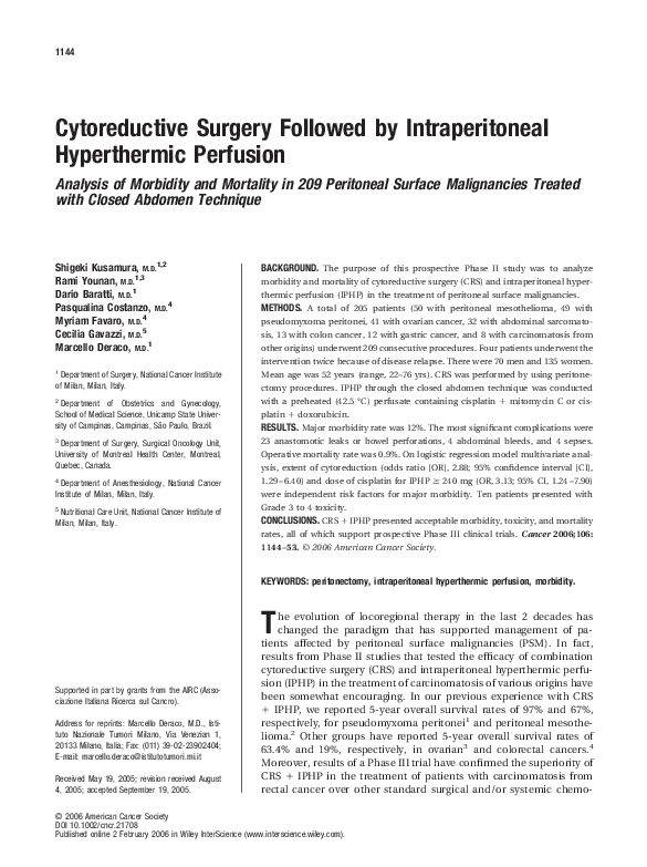(PDF) Cytoreductive surgery followed by intraperitoneal hyperthermic ...