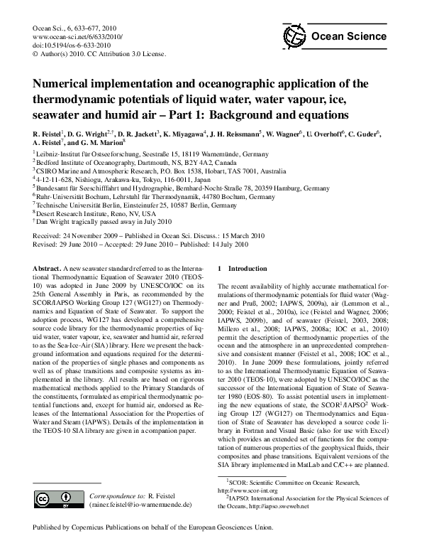 (PDF) Numerical implementation and oceanographic application of the Gibbs potential of ice