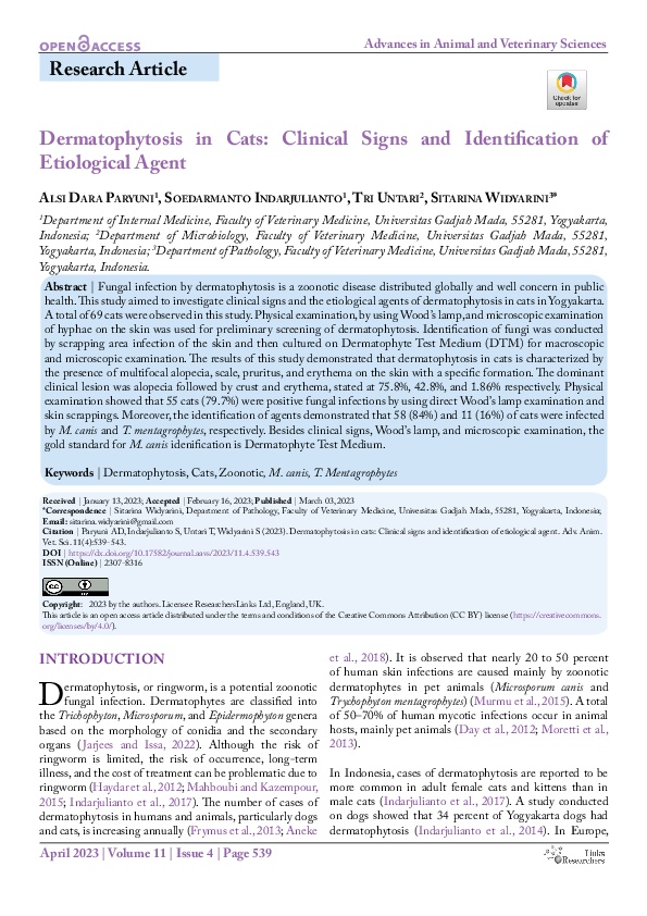 (PDF) Dermatophytosis in Cats: Clinical Signs and Identification of ...