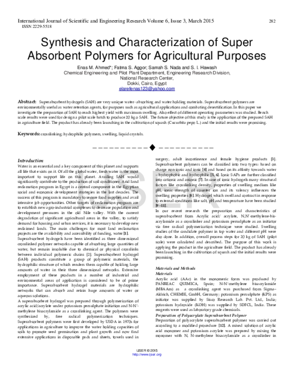(PDF) Synthesis and Characterization of Super Absorbent Polymers for Agricultural Purposes