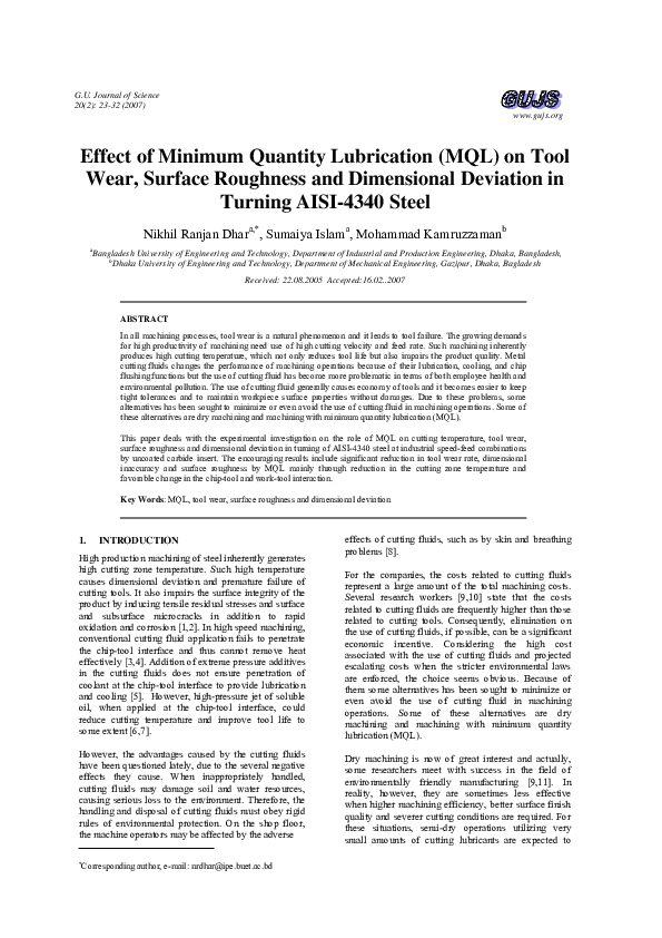 (PDF) Effect of Minimum Quantity Lubrication (MQL) on Tool Wear, Surface Roughness and ...