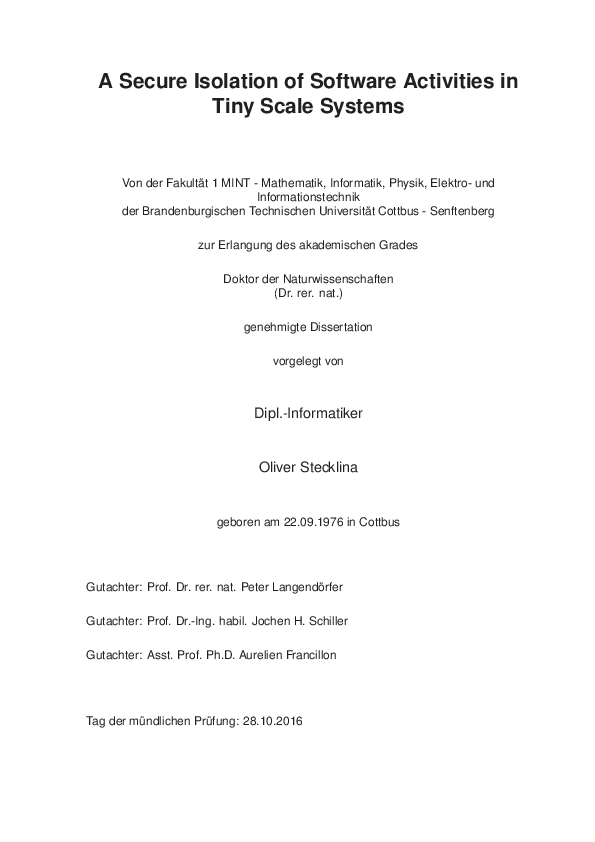 (PDF) A secure isolation of software activities in tiny scale systems
