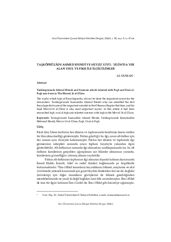 (PDF) Taşköprüzâde Ahmed Efendi ve Mevzu`âtu’l-`Ulûm’da Yer Alan Usul ve