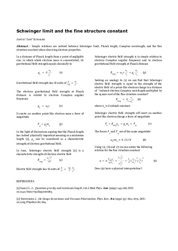(PDF) Schwinger limit and the fine structure constant