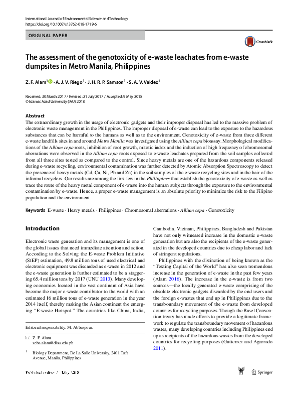 (PDF) The assessment of the genotoxicity of e-waste leachates from e ...