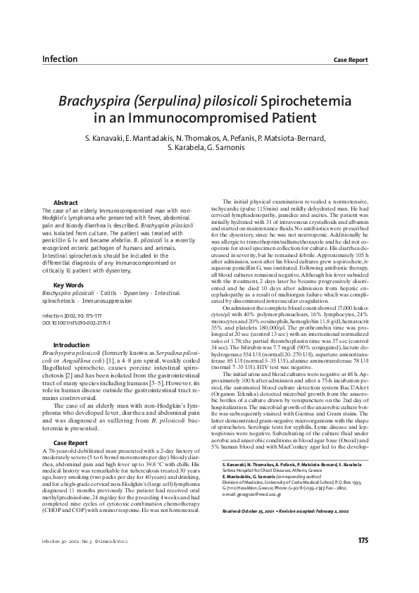 (PDF) Brachyspira (Serpulina) pilosicoli Spirochetemia in an ...