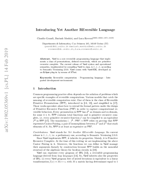 (PDF) Introducing Yet Another REversible Language