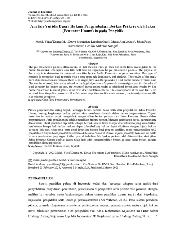 (PDF) Analisis Yuridis Dasar Hukum Pengembalian Berkas Perkara oleh Jaksa (Penuntut Umum) kepada ...