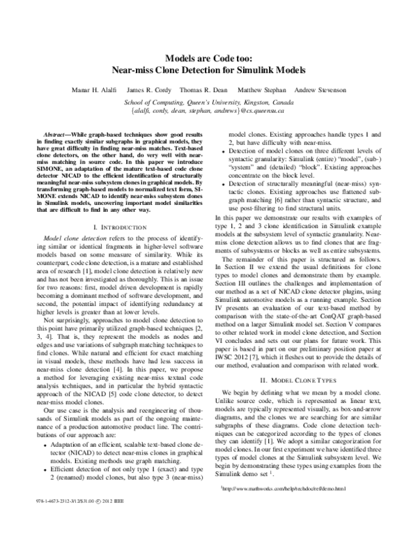 (PDF) Models are code too: Near-miss clone detection for Simulink models