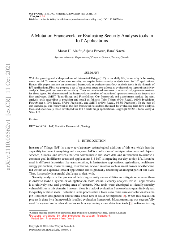 Pdf A Mutation Framework For Evaluating Security Analysis Tools In Iot Applications