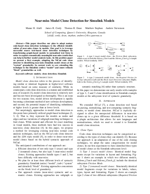 Pdf Near Miss Model Clone Detection For Simulink Models