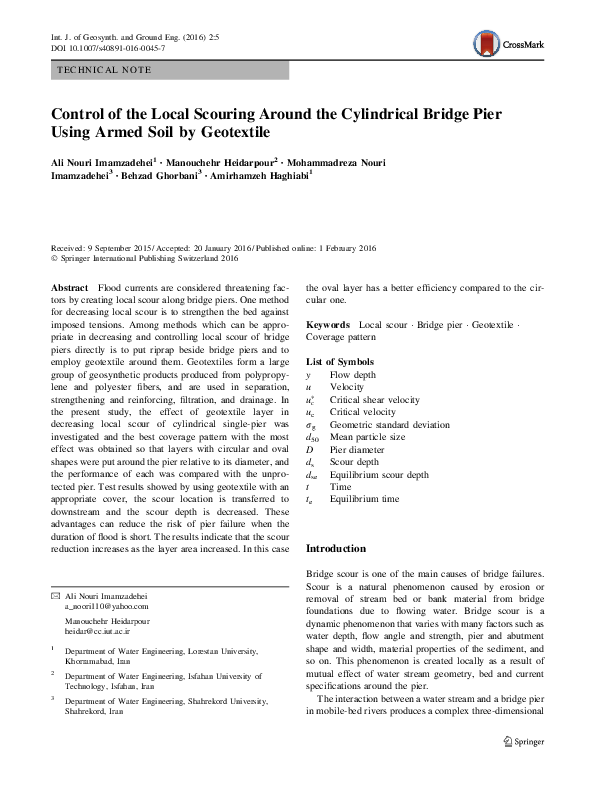 (PDF) Control of the Local Scouring Around the Cylindrical Bridge Pier Using Armed Soil by ...