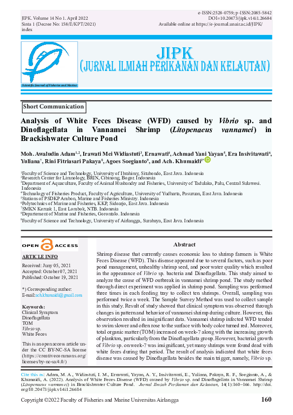 (PDF) Analysis of White Feces Disease (WFD) caused by Vibrio sp. Bacteria and Dinoflagellata in ...