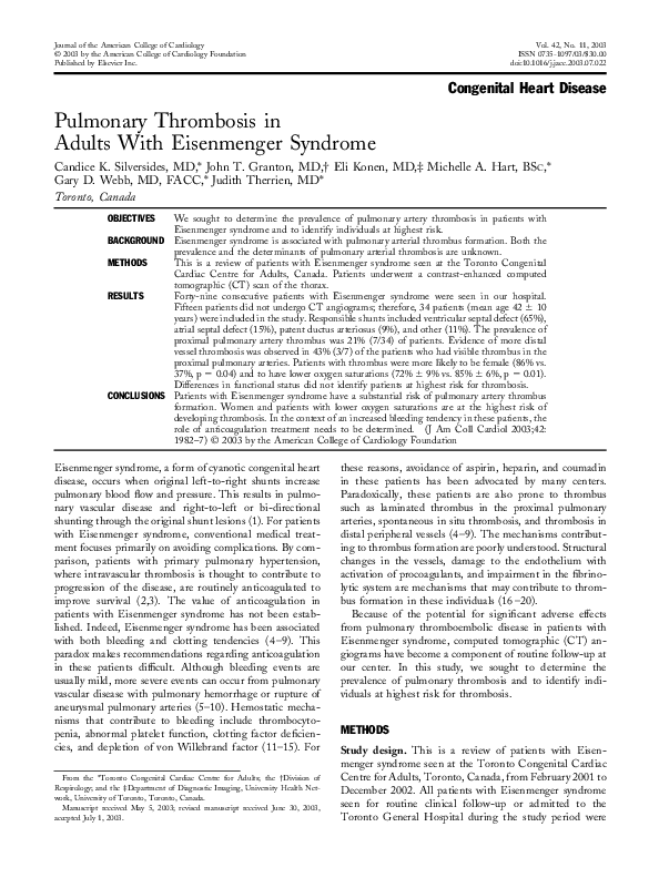 Pdf Pulmonary Thrombosis In Adults With Eisenmenger Syndrome