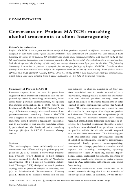(PDF) Comments on Project MATCH: matching alcohol treatments to client ...