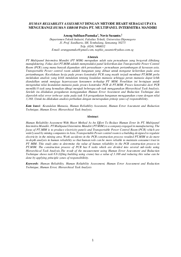 (PDF) Human Reliability Assesment Dengan Metode Heart Sebagai Upaya Mengurangi Human Error Pada ...