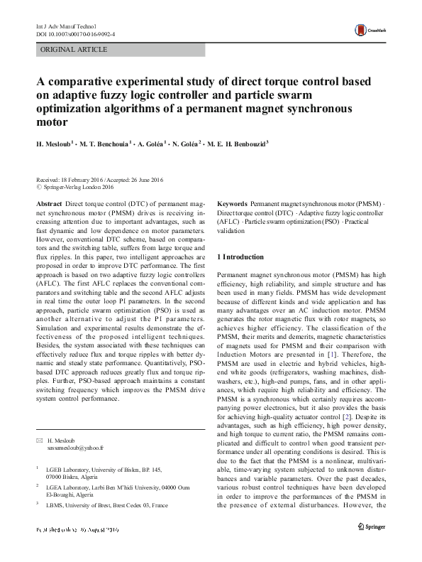 (PDF) A comparative experimental study of direct torque control based on adaptive fuzzy logic ...