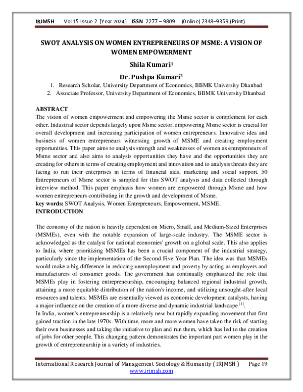 (PDF) SWOT ANALYSIS ON WOMEN ENTREPRENEURS OF MSME: A VISION OF WOMEN ...
