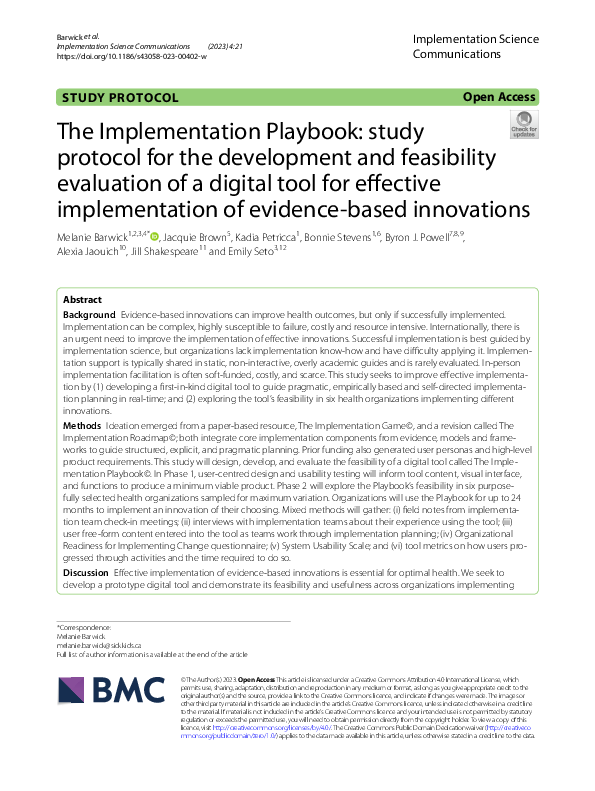 (PDF) The Implementation Playbook: study protocol for the development and feasibility evaluation ...