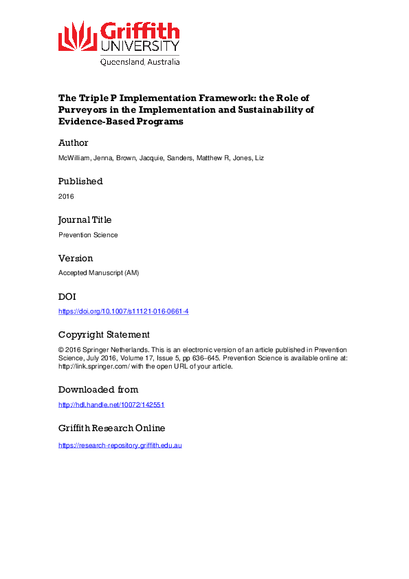 (PDF) The Triple P Implementation Framework: the Role of Purveyors in the Implementation and ...