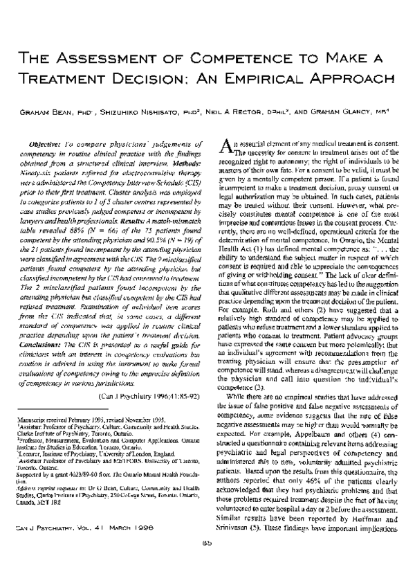 (PDF) The Assessment of Competence to Make a Treatment Decision: An ...