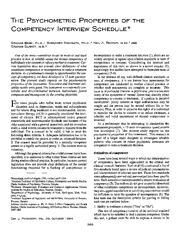 (PDF) The Psychometric Properties of the Competency Interview Schedule