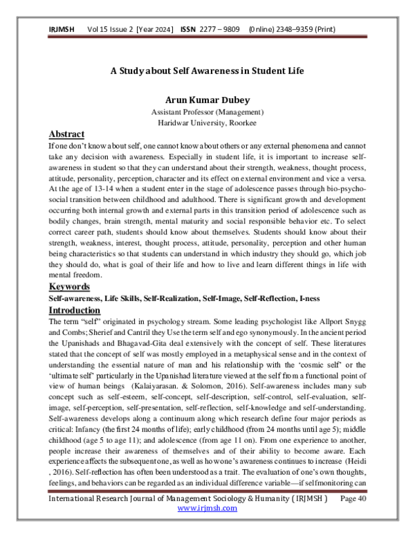 (PDF) A Study about Self Awareness in Student Life