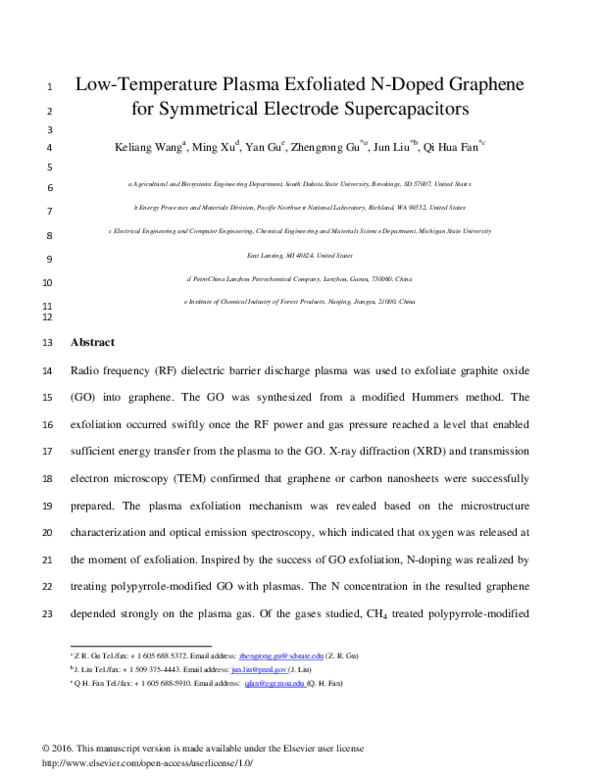 (PDF) Low-temperature plasma exfoliated n-doped graphene for ...