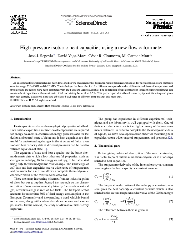 (PDF) High-pressure isobaric heat capacities using a new flow calorimeter