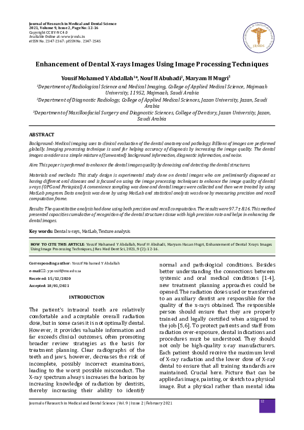 (PDF) Enhancement of Dental X-rays Images Using Image Processing Techniques