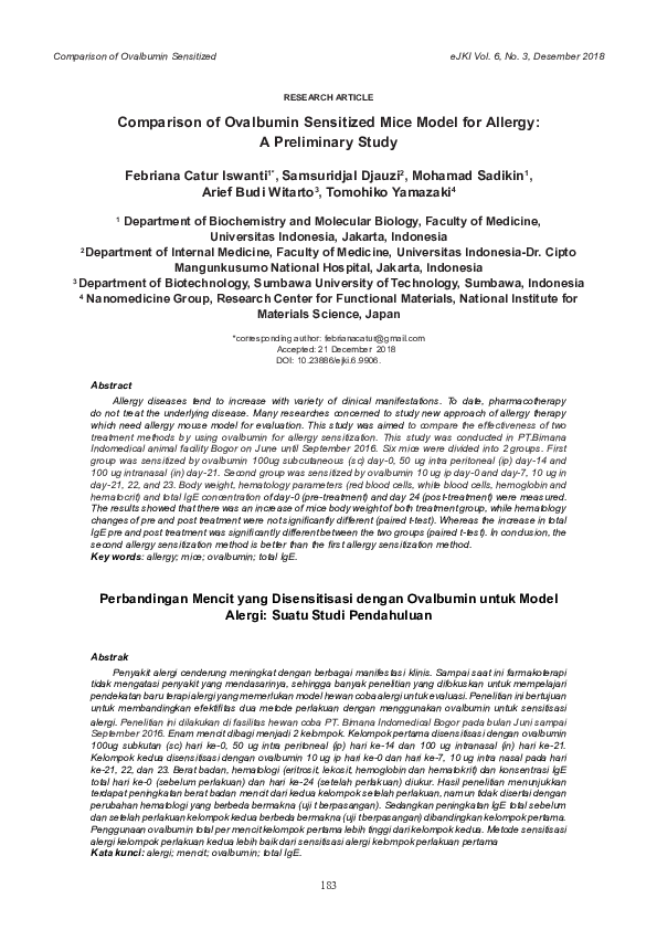 (PDF) Comparison of Ovalbumin Sensitized Mice Model for Allergy: A ...
