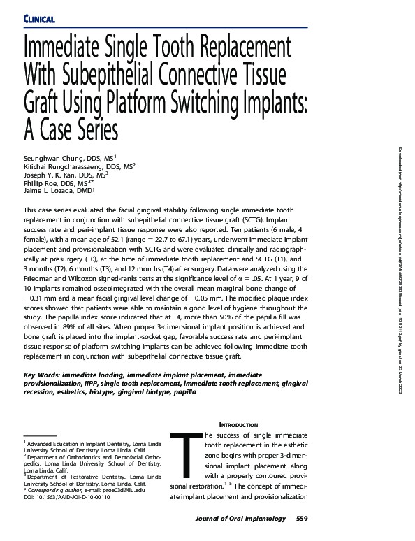 (PDF) Immediate Single Tooth Replacement With Subepithelial Connective ...