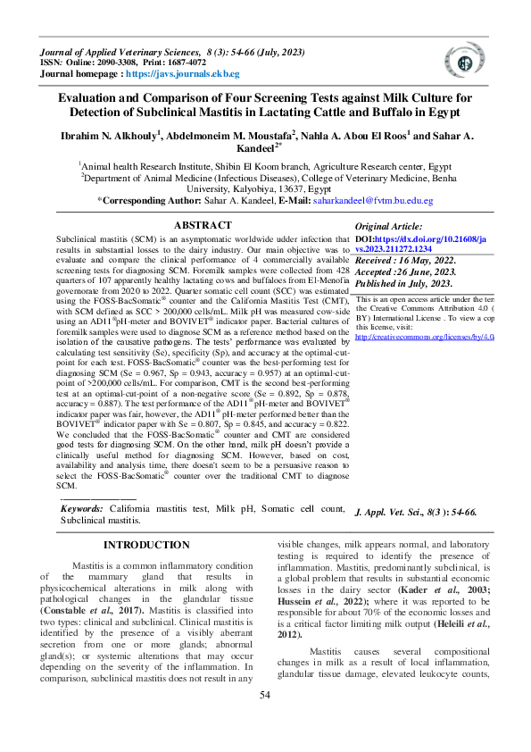(PDF) Evaluation and Comparison of Four Screening Tests against Milk ...