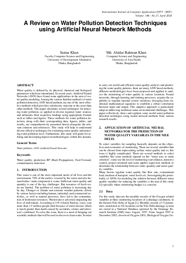 (PDF) A Review on Water Pollution Detection Techniques using Artificial Neural Network Methods