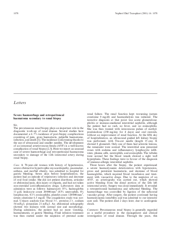 (PDF) Severe haemorrhage and retroperitoneal haematoma secondary to renal biopsy