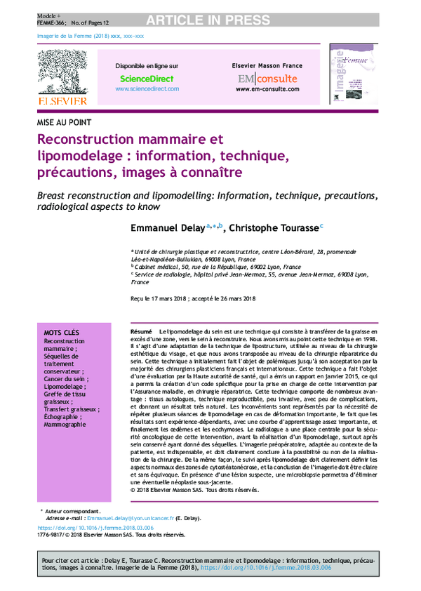 (PDF) Reconstruction mammaire et lipomodelage : information, technique ...