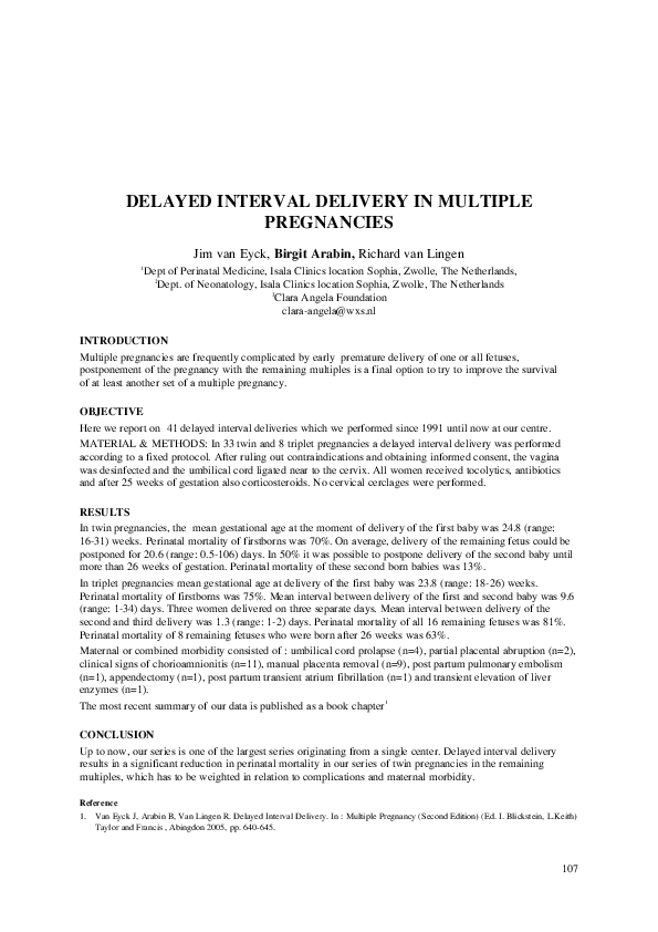 (PDF) Delayed interval delivery in multiple pregnancies