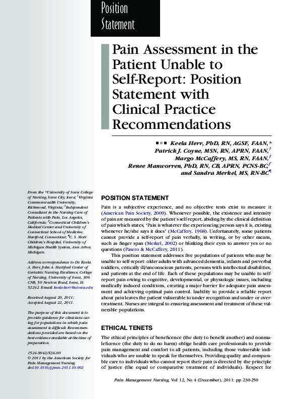 (PDF) Pain Assessment in the Patient Unable to Self-Report: Position ...