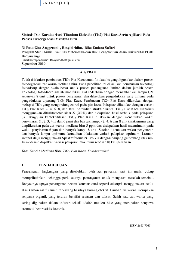 (PDF) Sintesis Dan Karakterisasi Titanium Dioksida (Tio2) Plat Kaca ...