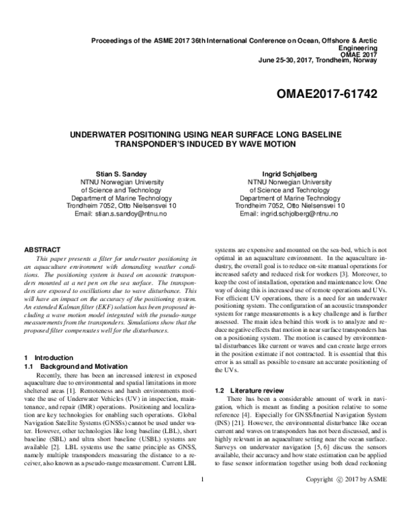 (PDF) Underwater Positioning Using Near Surface Long Baseline ...