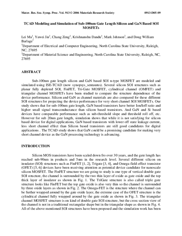 (PDF) TCAD Modeling and Simulation of Sub-100nm Gate Length Silicon and GaN based SOI MOSFETs ...